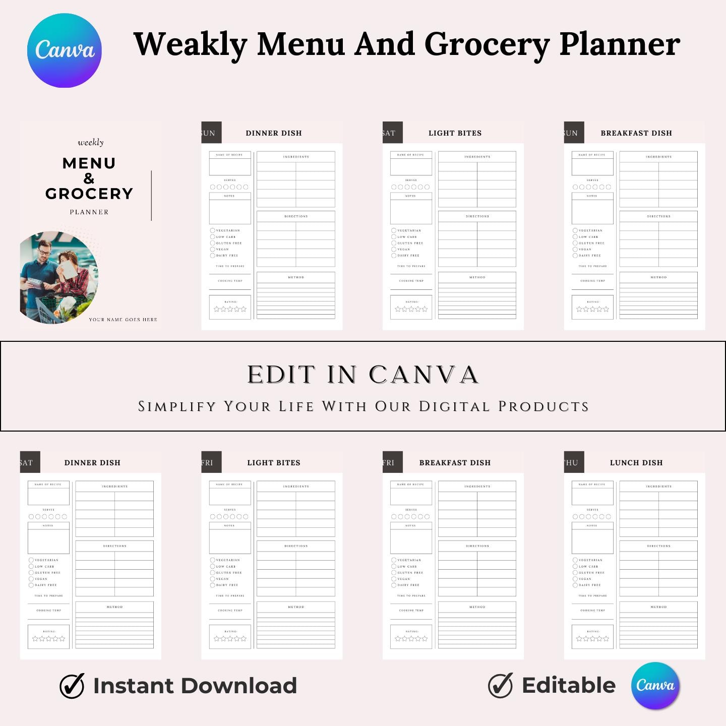 Menu Grocery Template, Meal Planning Template, Grocery Shopping List ...