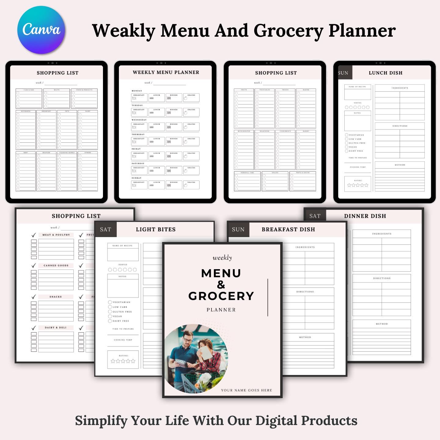 Menu Grocery Template, Meal Planning Template, Grocery Shopping List ...