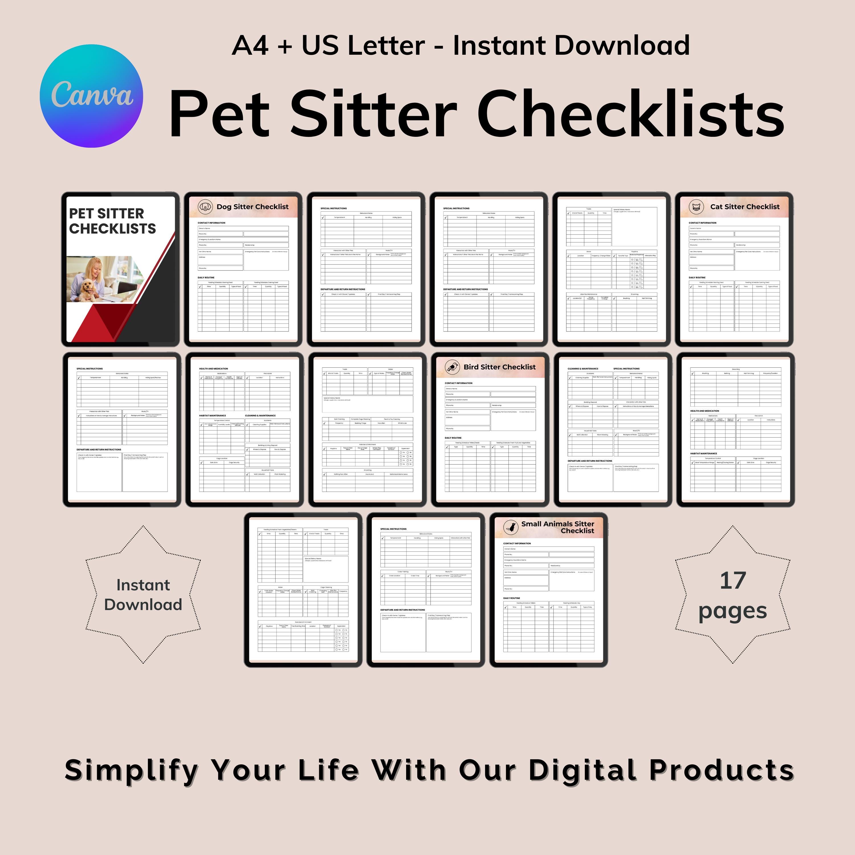 Pet Sitter Checklist, Pet Care Log Template, Pet Sitting Care Instructions, Pet Care Daily Log ...