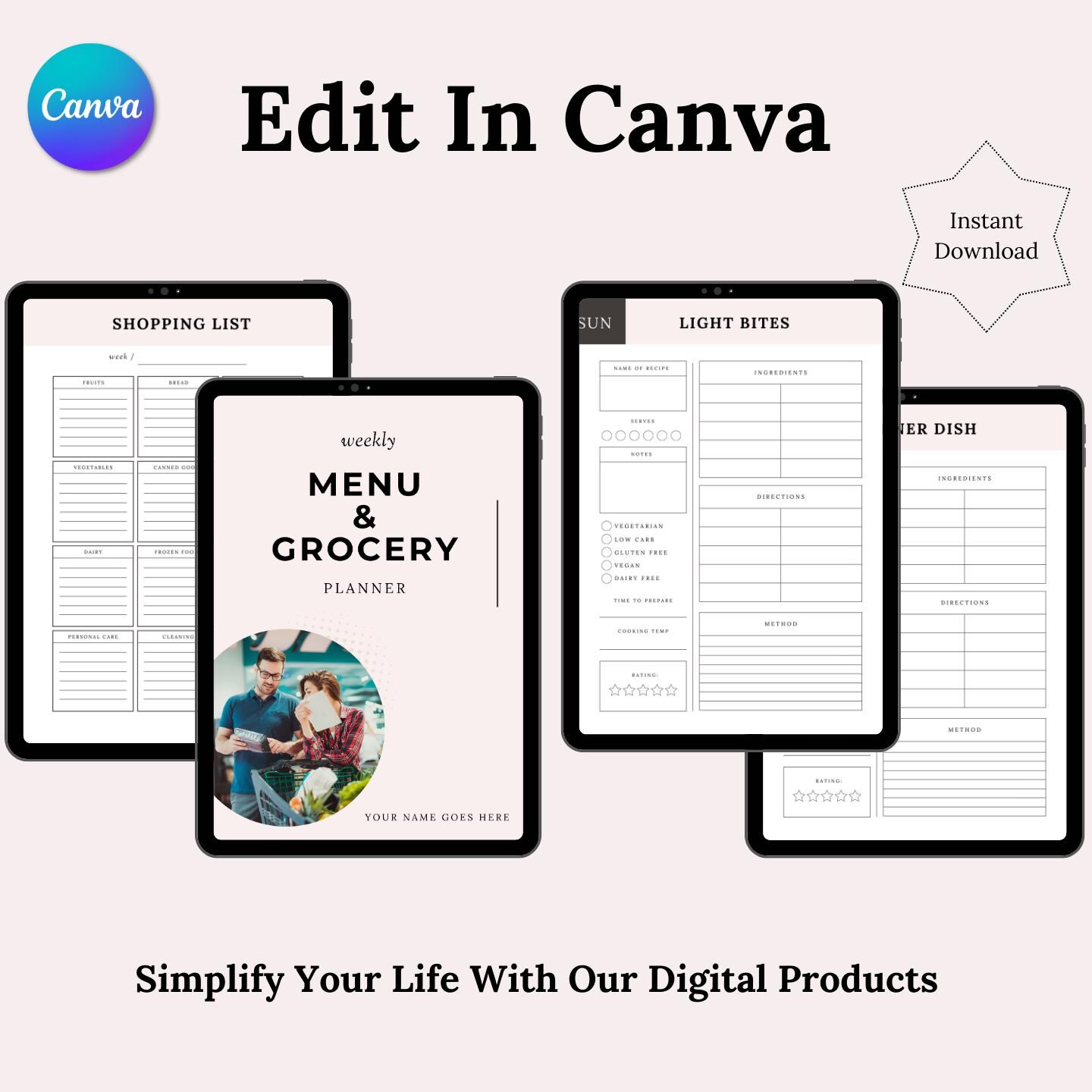 Menu Grocery Template, Meal Planning Template, Grocery Shopping List ...
