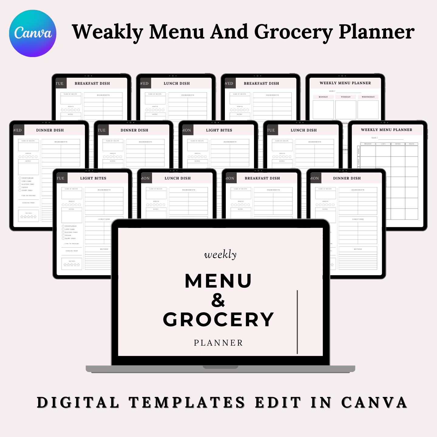 Menu Grocery Template, Meal Planning Template, Grocery Shopping List ...