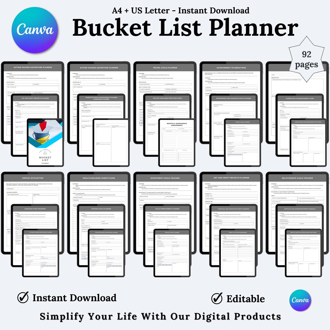 Bucket List Planner, Family Bucket List Tracker, Life Goals Achievement ...