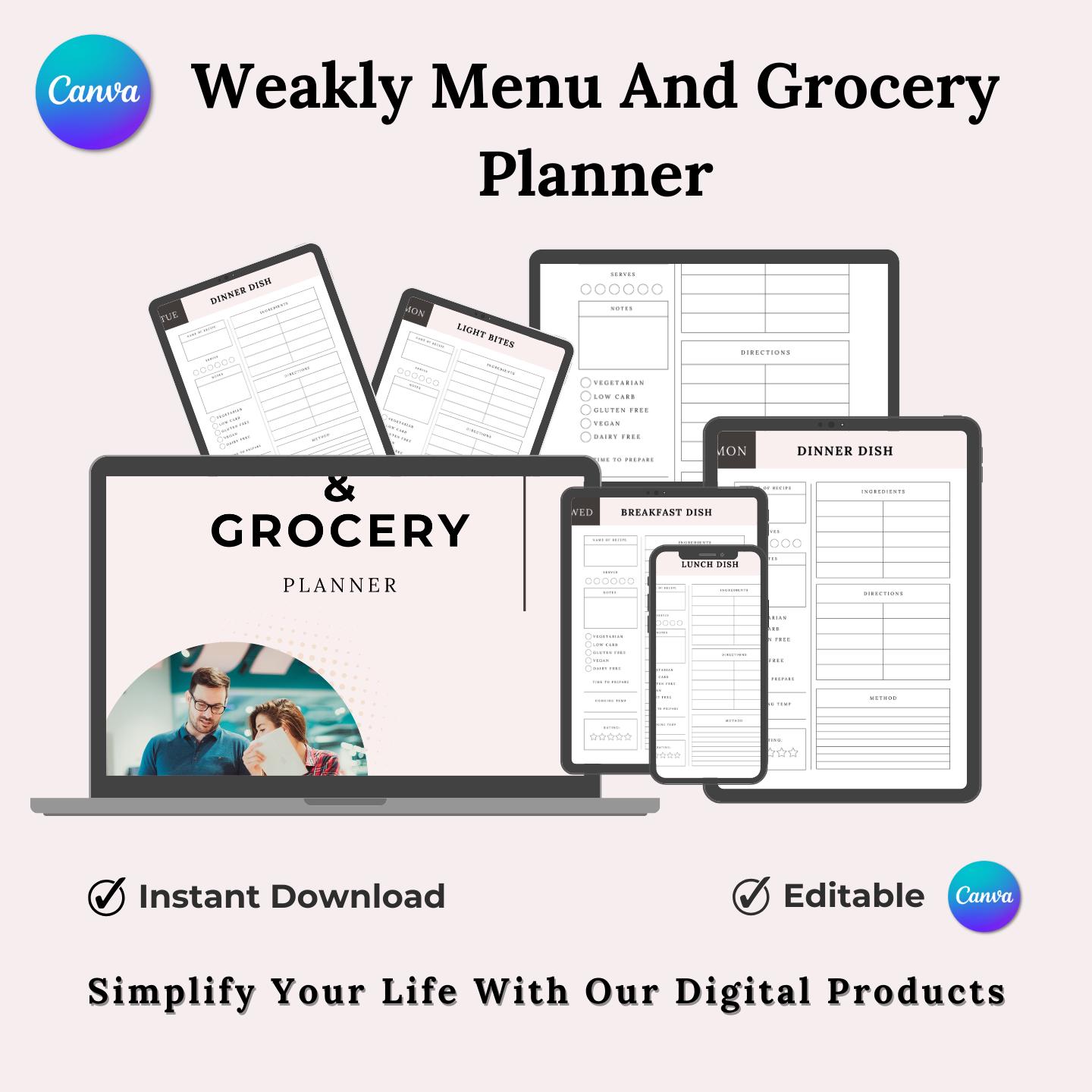 Menu Grocery Template, Meal Planning Template, Grocery Shopping List ...