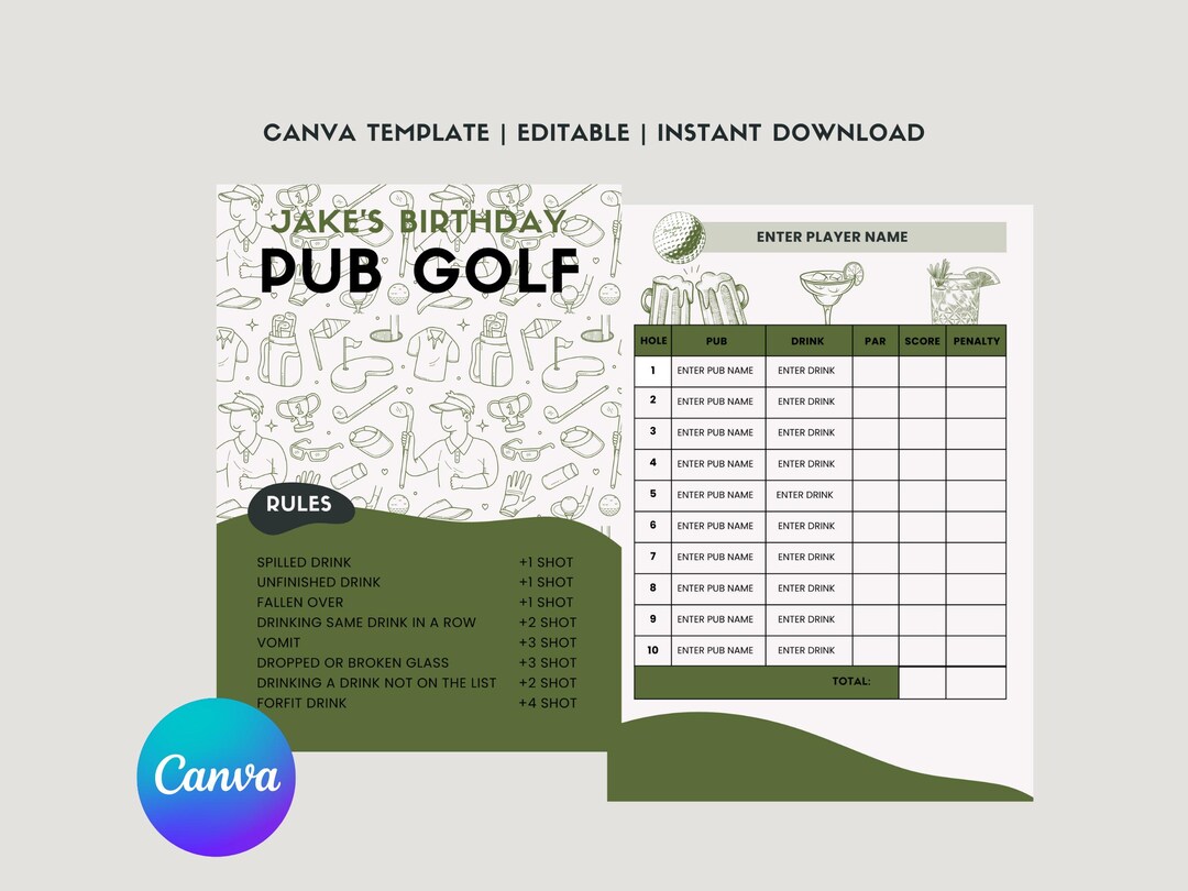 Customisable Green Pub Golf Scorecard Editable Canva Templates for ...
