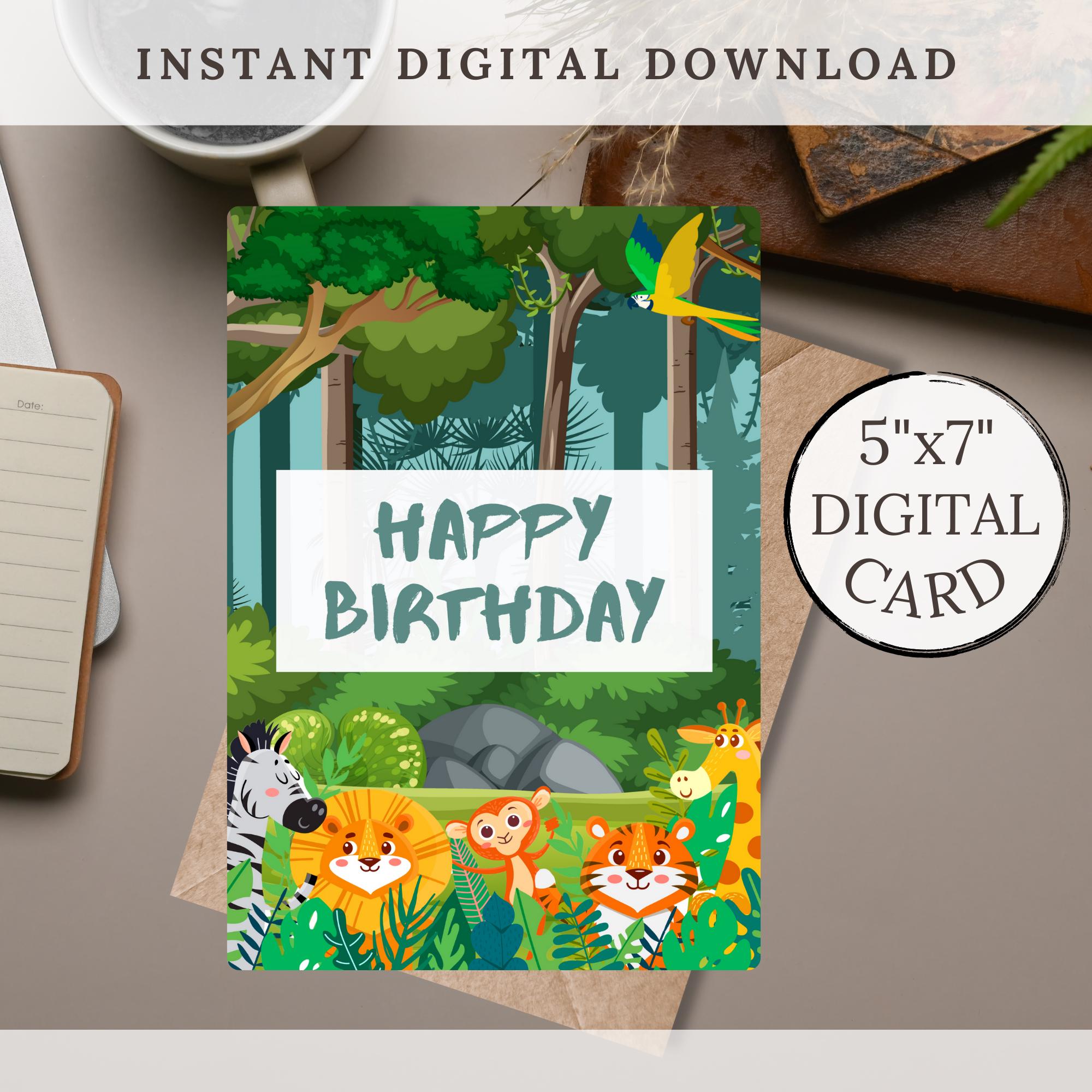 Jungle Safari Animal Birthday Card – Instant Digital Download, 5"x7 ...