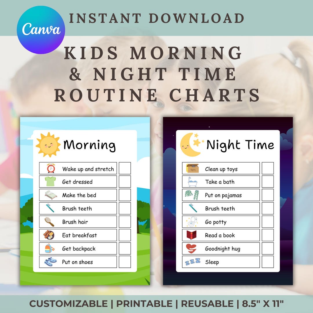 Kids Morning & Night Routine Charts | Printable Daily Schedule | Visual ...