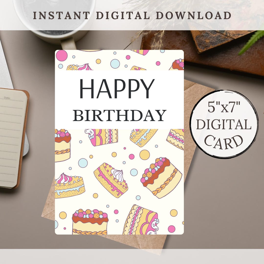 Falling Cake Happy Birthday Card – Instant Digital Download, 5"x7 ...