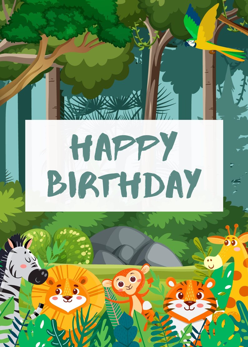 Jungle Safari Animal Birthday Card – Instant Digital Download, 5"x7 ...