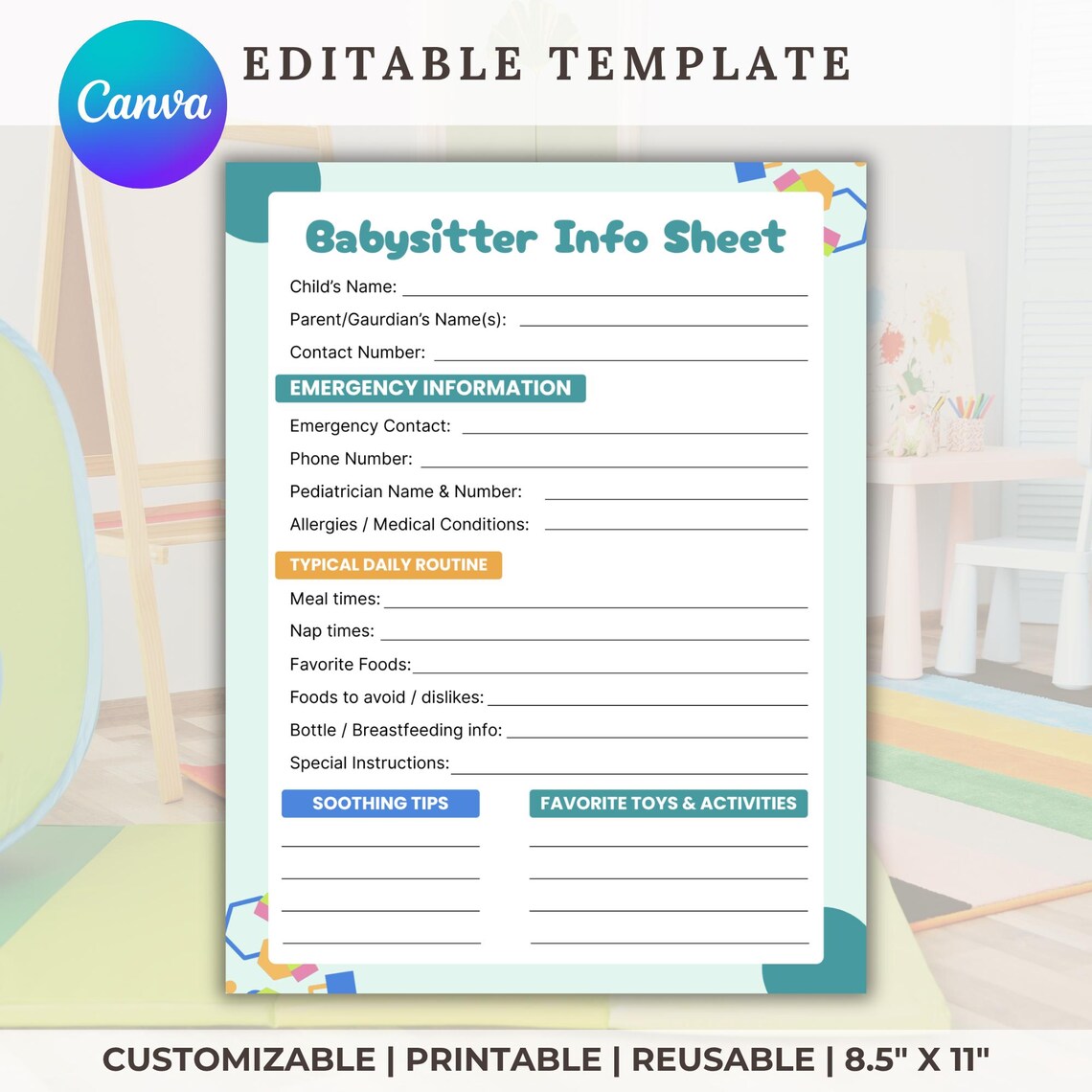 Editable Babysitter Info Sheet | Daycare Emergency Contact Template ...
