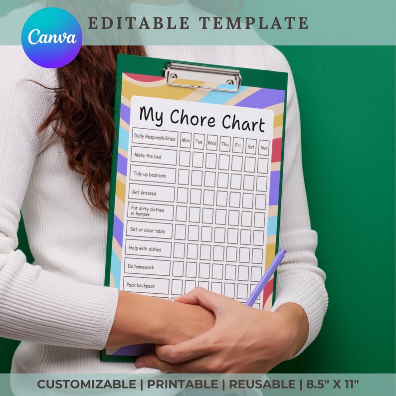 Customizable Kids Chore Chart Printable | 5 & 7 Day Tracker | Instant ...