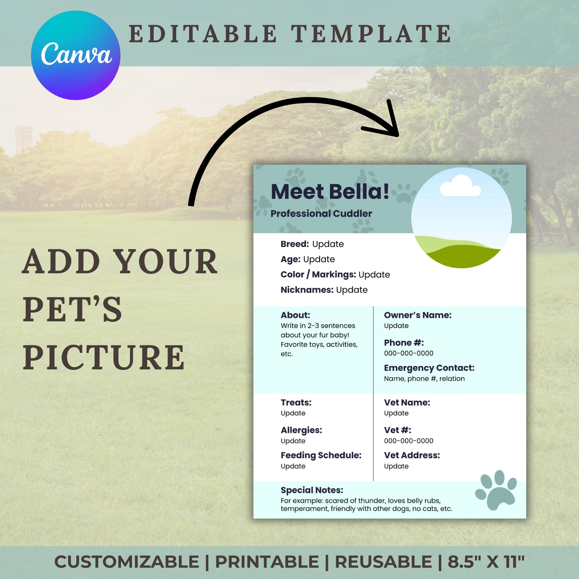Pet Profile Canva Template | Pet Info Sheet | Digital Download Pet ...