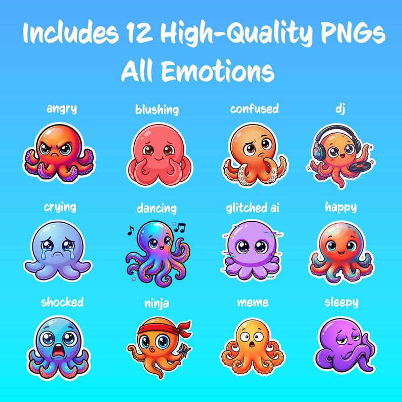 Octopus Clipart Bundle | 12 Cute Cartoon Sea Animals | PNG Pack ...