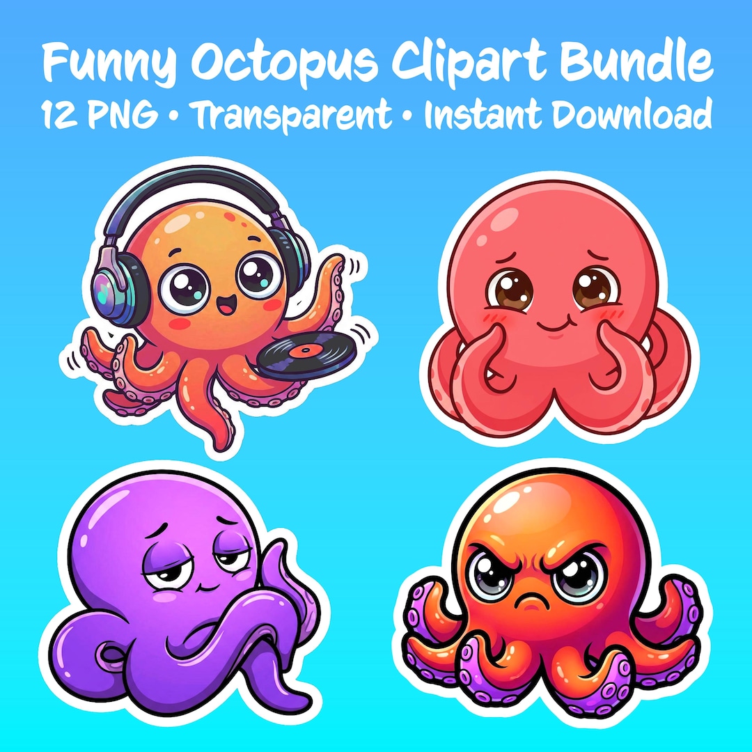 Octopus Clipart Bundle | 12 Cute Cartoon Sea Animals | PNG Pack ...