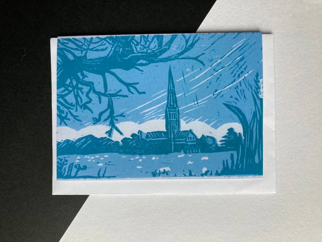 Salisbury Card Linocut Design Print Salisbury Cathedral Wiltshire - Etsy