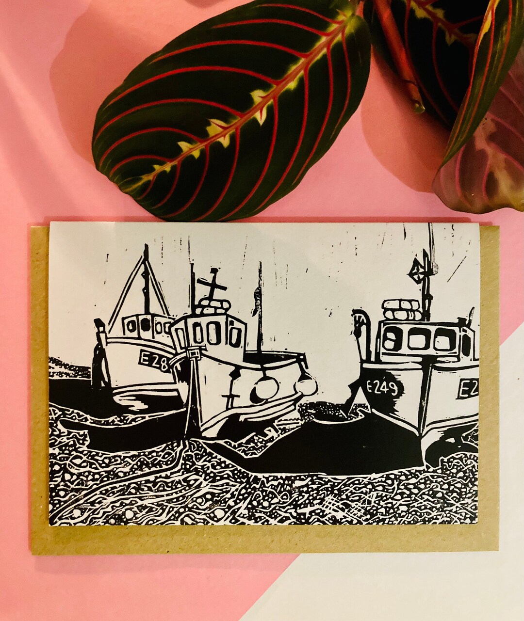 Beer Beach Card - Linocut Design • Print • Fishing Boats • Devon ...