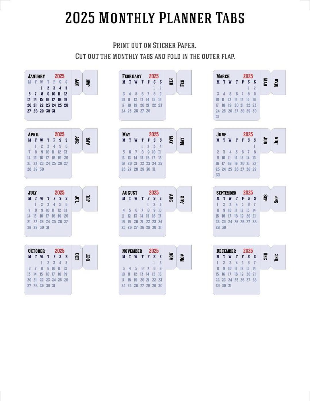 2025 Printable Calendar Index Tabs | Journal Tabs for Notebooks ...