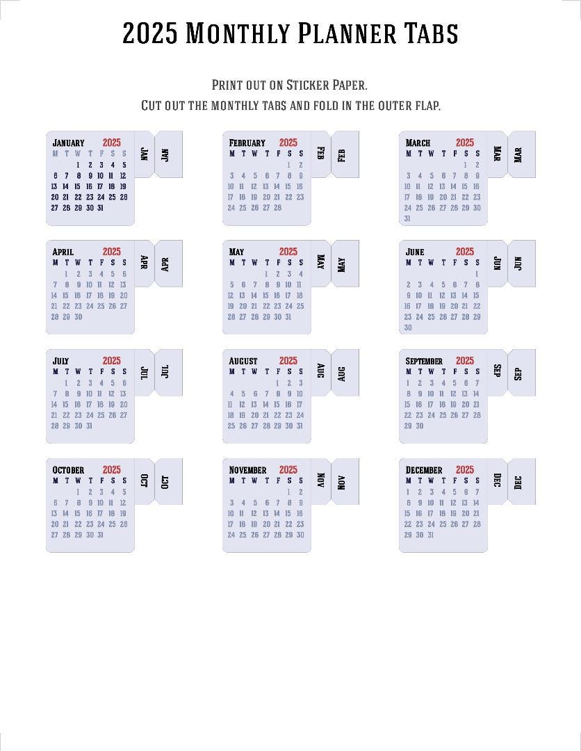 2025 Printable Calendar Index Tabs Journal Tabs for Notebooks Monthly ...