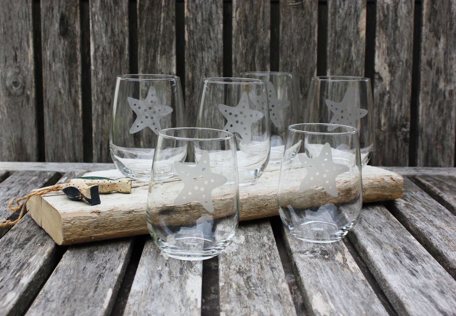 Coastal Stemless Wine Glasses Set of Six.. Nautical Home, Wedding ...
