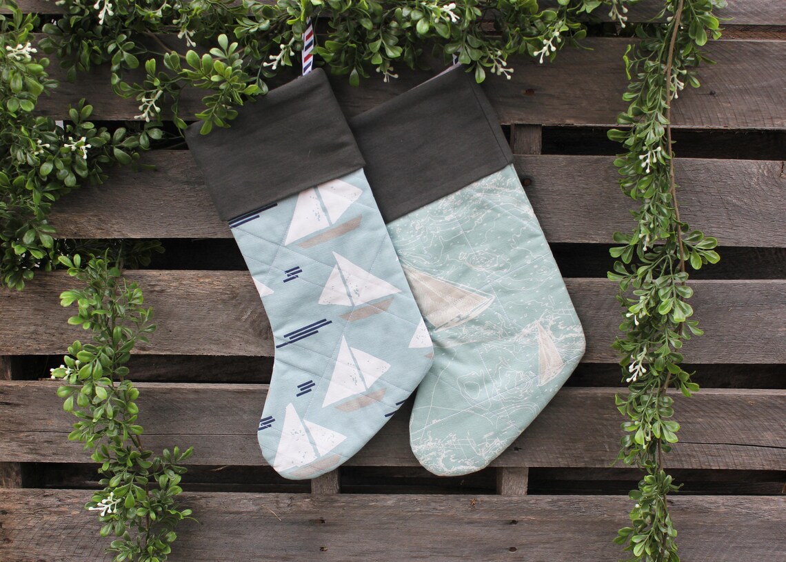 Nautical Christmas Stockings, Sail Boats and Map Print, Nautical ...