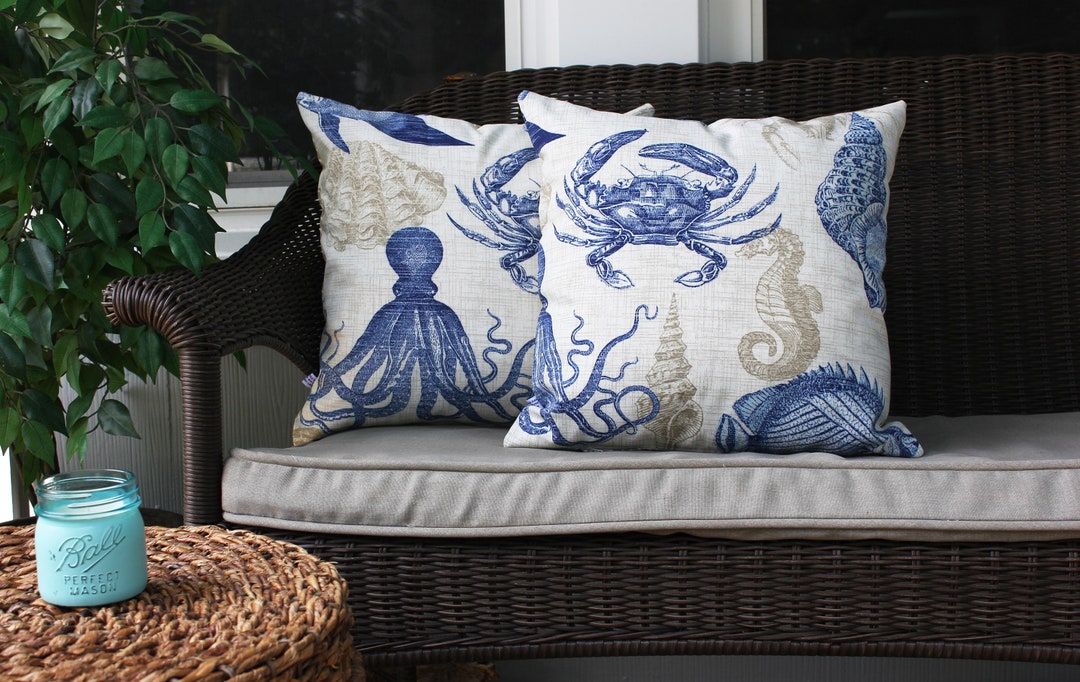 Crab and Sea Life Outdoor Pillow, Maryland Home, Coastal, Nautical ...