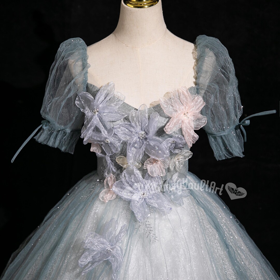 Deluxe Gray Blue Prom Ball Gown Fairy 3D Flower Wedding Dress Starry ...