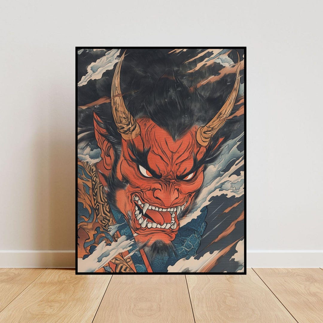 Furious Red Oni Demon Wall Art Japanese Mythology Print Bold Samurai ...