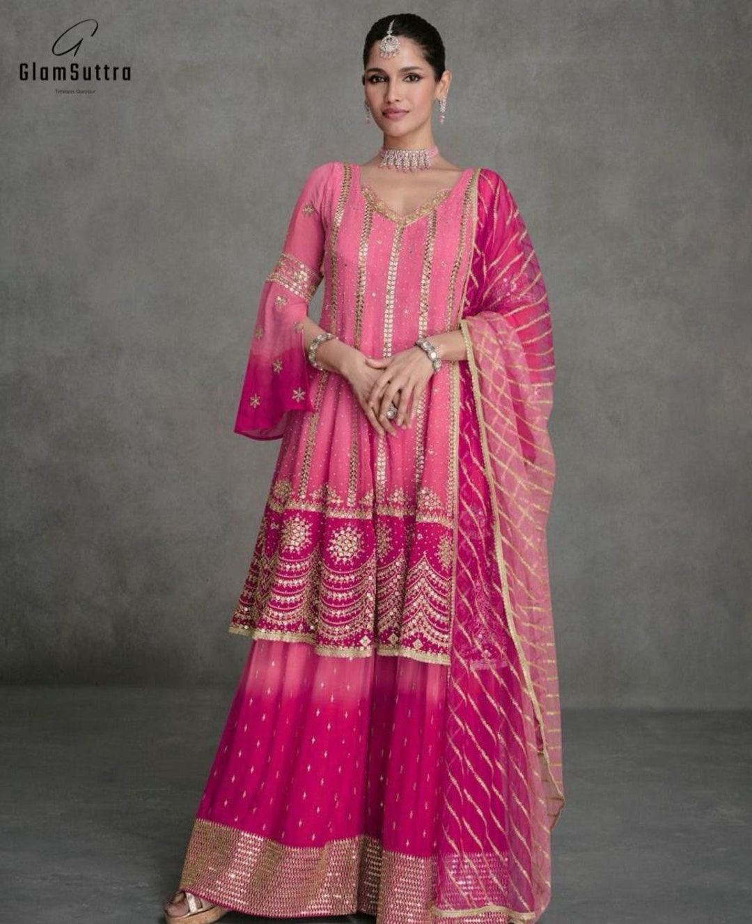 Pakistani Designer Pink Sharara Suit, Georgette Sharara Suit With ...