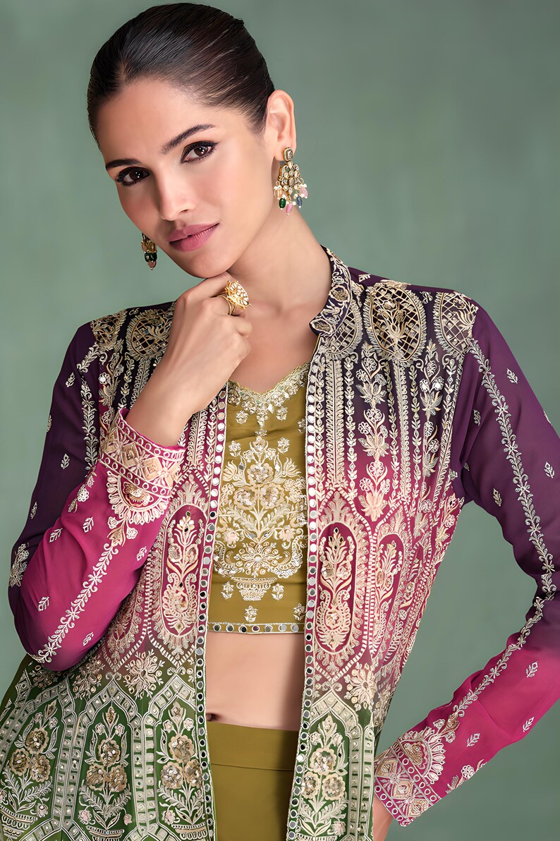 Indian Palazzo Suit Set - Embroidered Olive Green Sharara With Purple ...