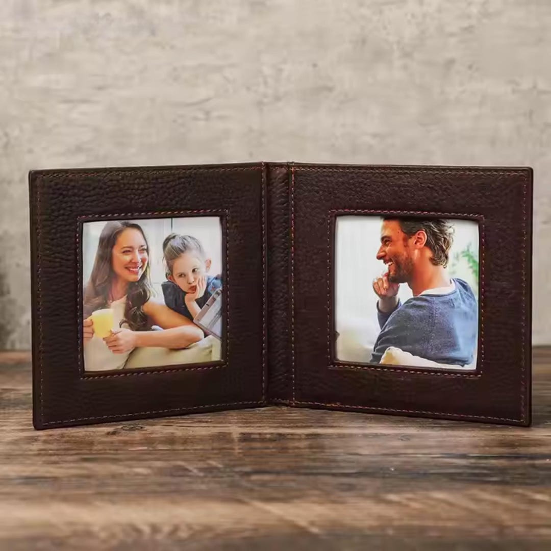 Personalized Leather Photo Frame: Foldable Double-sided Vintage Album ...