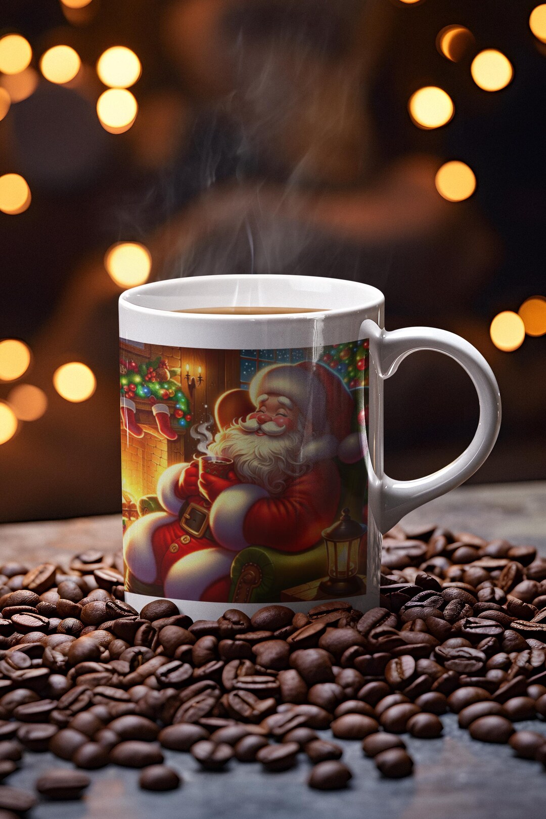 Santa Christmas Accent Mug, Cozy Cartoon Santa by Fire Coffee Cup ...
