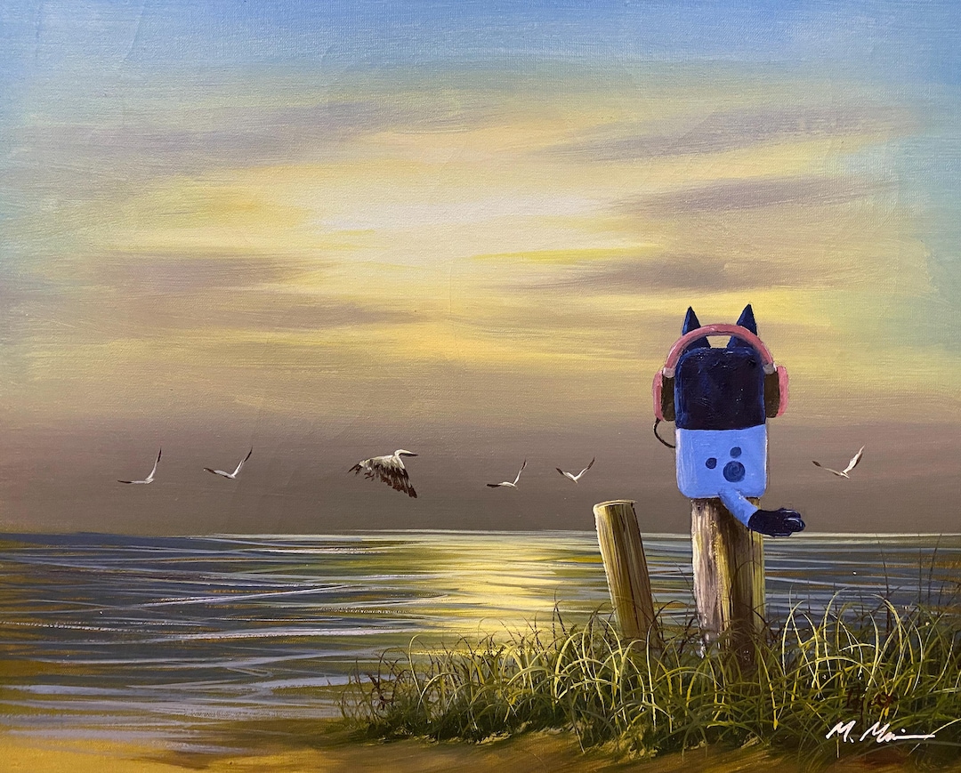 Bluey Headphones Beach Sunset Upcycled Thrift Store Landscape Painting ...