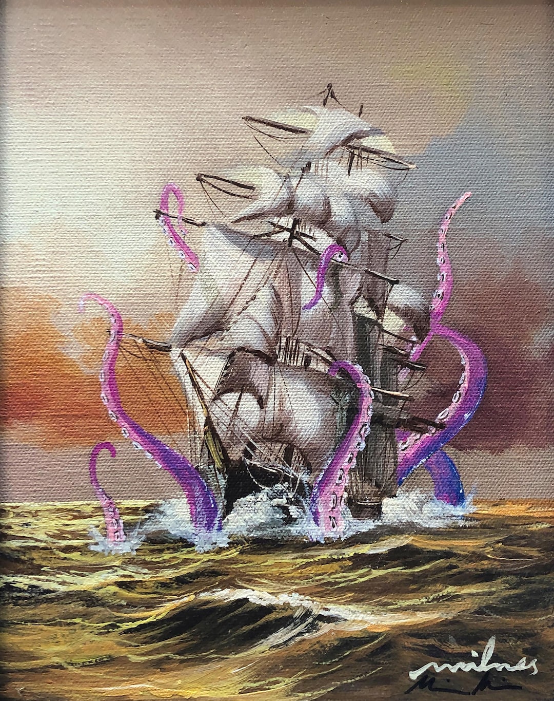 Kraken Pirate Ship Art Print: Upcycled Thrift Store Painting - Etsy