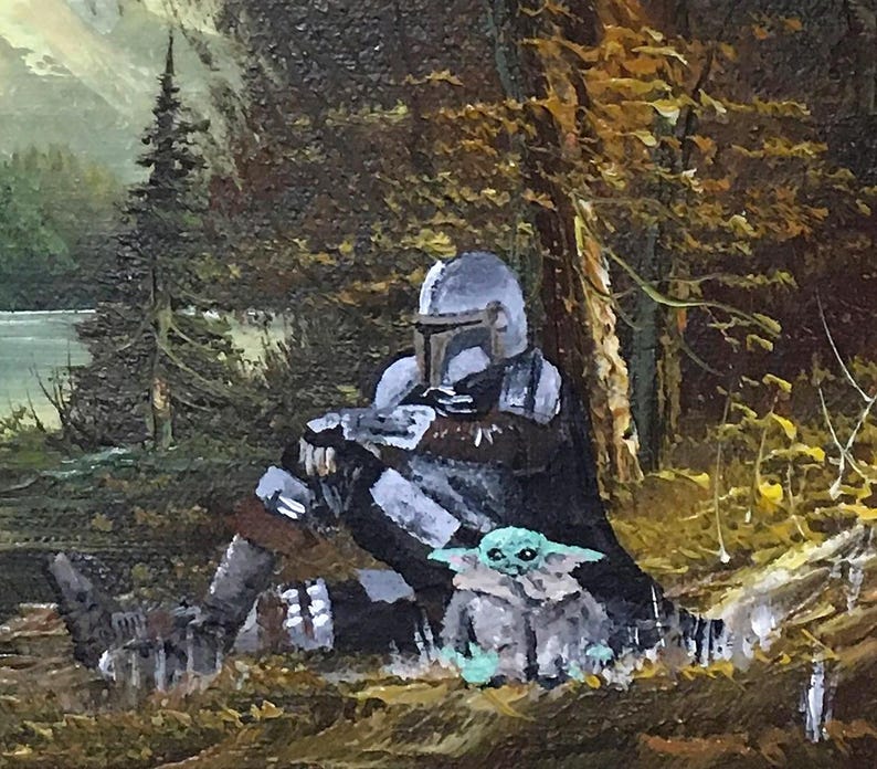 Mandalorian Grogu Star Wars Upcycled Thrift Store Painting Print Home ...