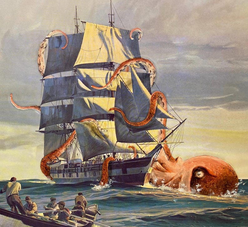 Giant Kraken Attack Art Print - Upcycled Thrift Store Painting - Etsy