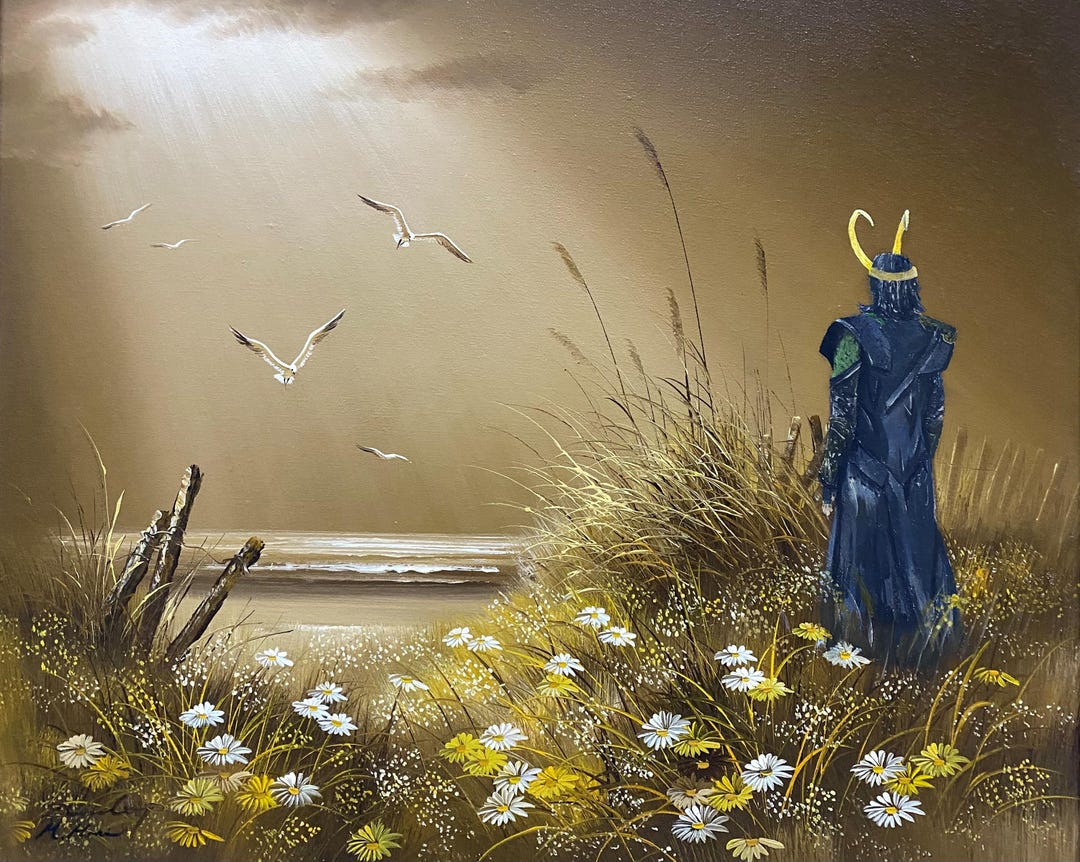 Loki on Beach Art Print: Marvel Parody, Altered Thrift Store Painting ...