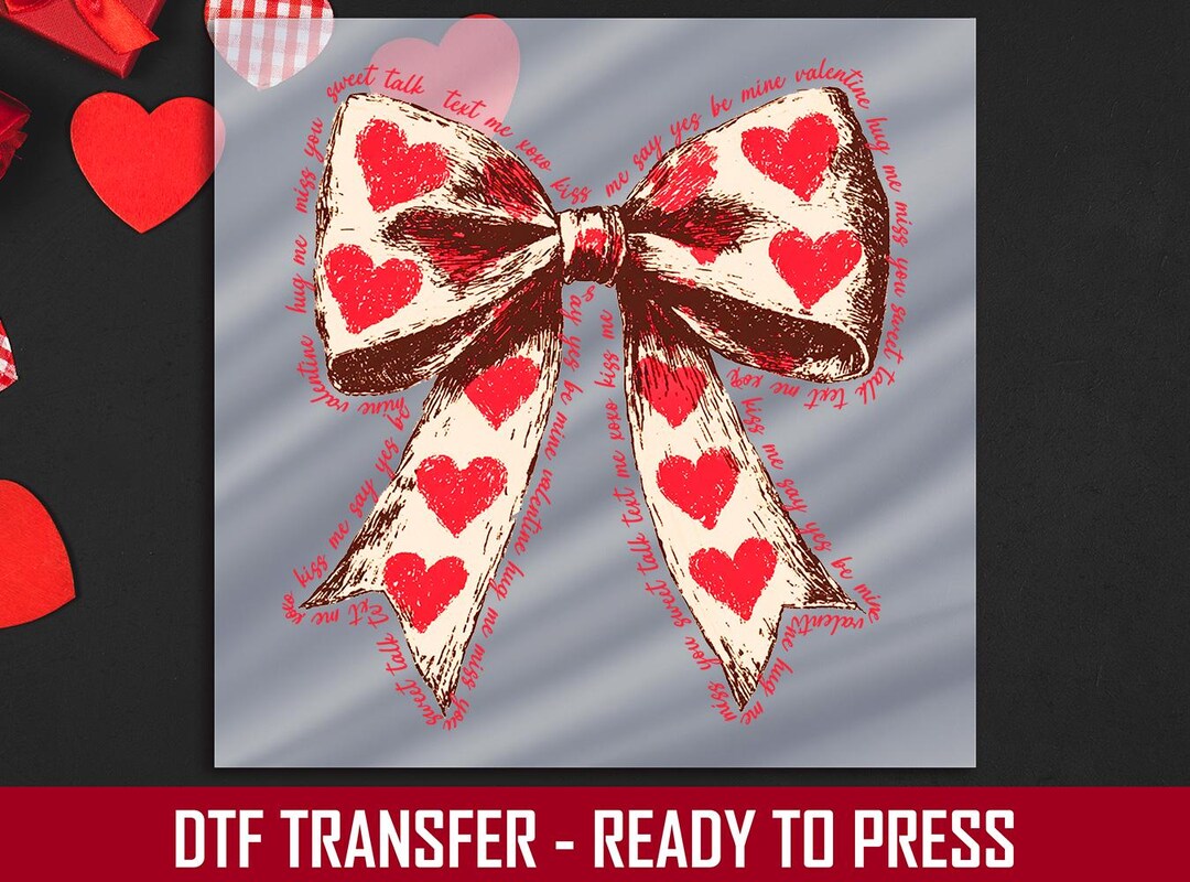 Heart Bow DTF Transfer, Valentines Day Iron-on Design, Ready to Press ...