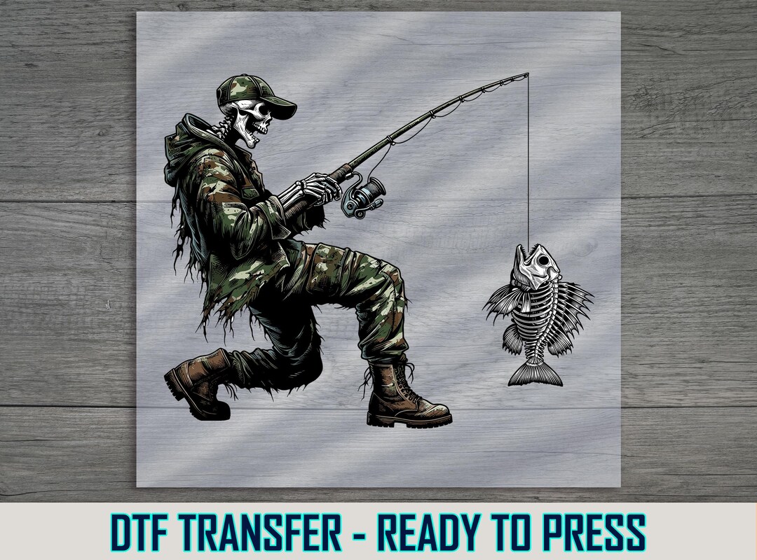 Skeleton Fisherman DTF Transfer, Unique Fishing Art, Ready to Press ...