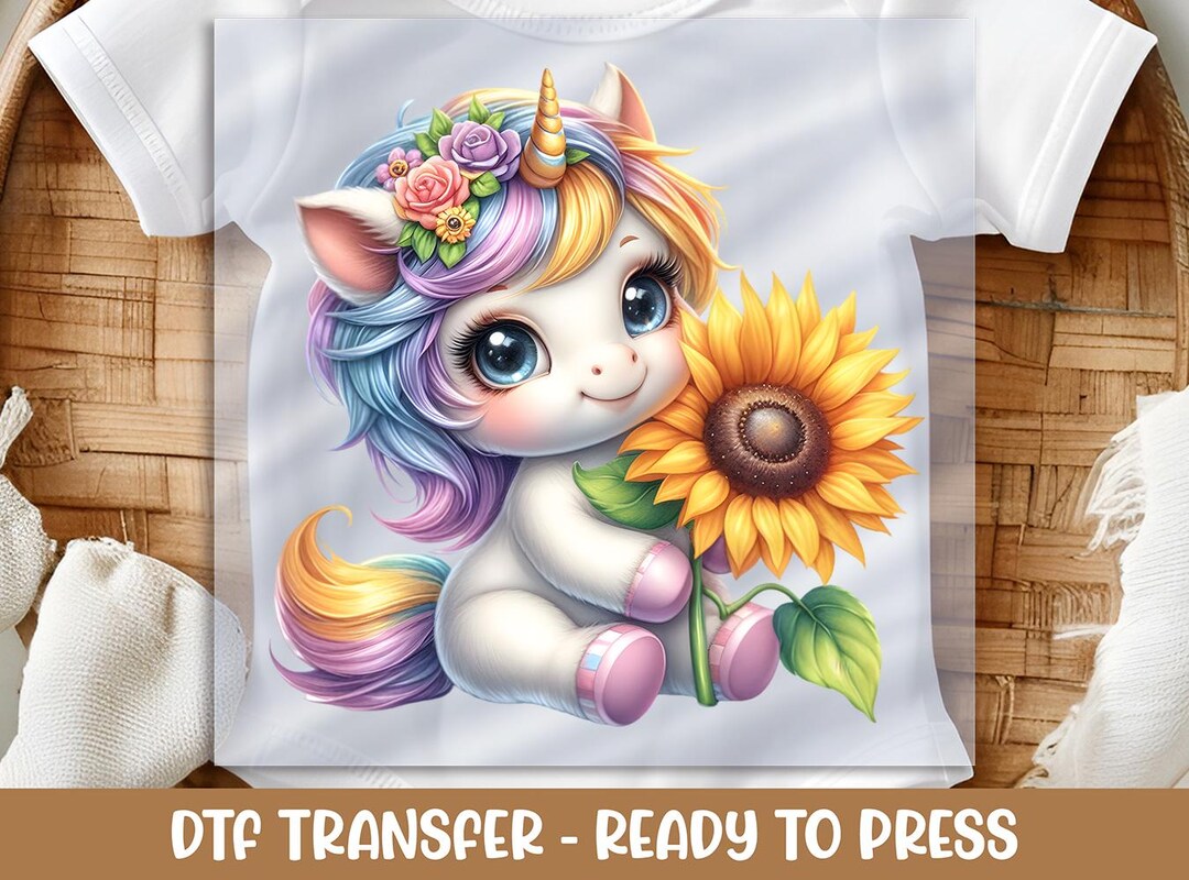 Cute Unicorn DTF Transfer, Pastel Baby Unicorn With Sunflower, Ready to Press Iron-on, DIY T ...