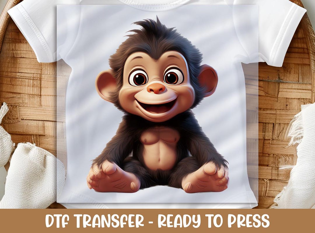 Cute Baby Monkey DTF Transfer, Adorable Cartoon Jungle Animal Design ...
