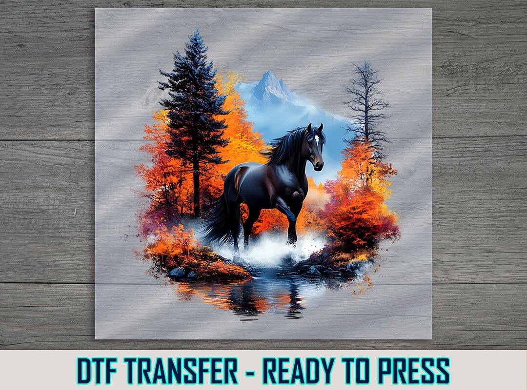 Black Horse DTF Transfer, Autumn Forest and Mountain Scene, Ready to ...