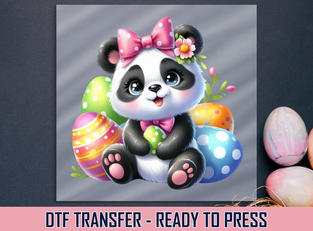 Easter Panda DTF Transfer, Cute Panda With Bow and Colorful Eggs, Ready ...
