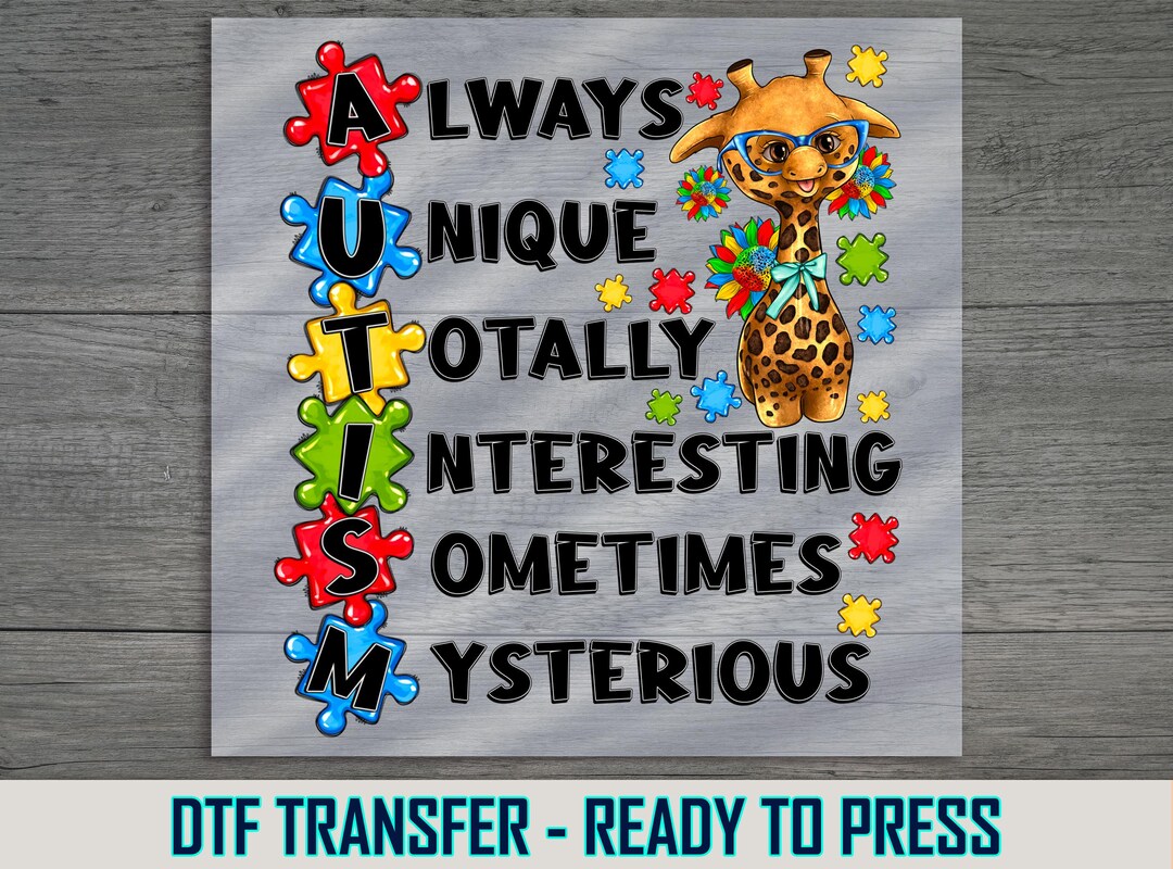 Always Unique Autism DTF Transfer, Giraffe With Puzzle Design, Colorful ...