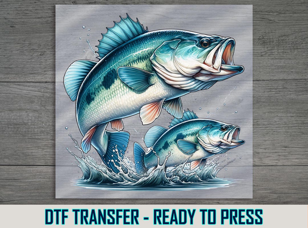 Double Bass Fish DTF Transfer, Blue Jumping Fish With Splashing Water ...