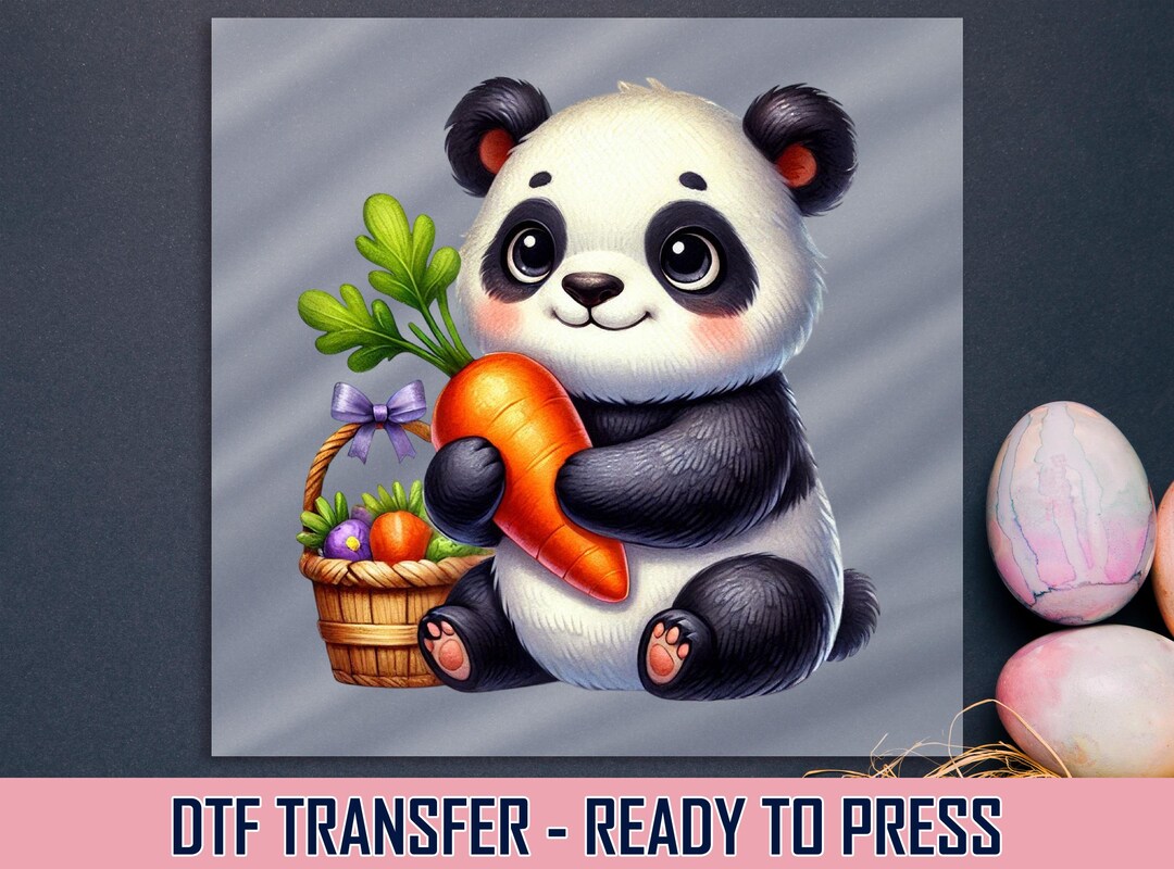 Easter Panda DTF Transfer, Adorable Panda Holding Carrot With Basket ...