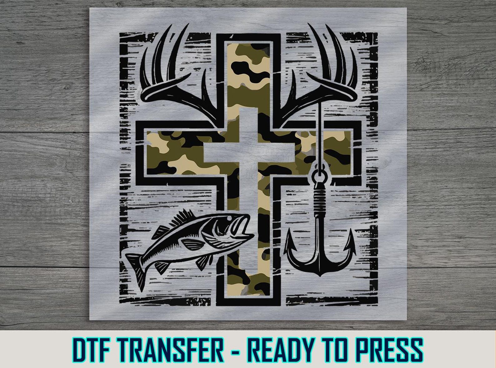 Military Style Cross DTF Transfer: Hunting Fishing Design, Ready to ...