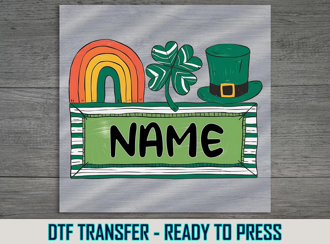 St Patrick Custom Name Tag DTF Transfer, Green Clover Label, Rainbow ...