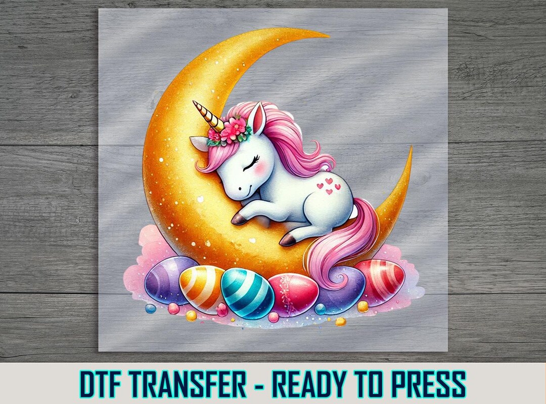 Unicorn DTF Transfer, Sleeping Unicorn on Moon, Easter Eggs, Cute ...