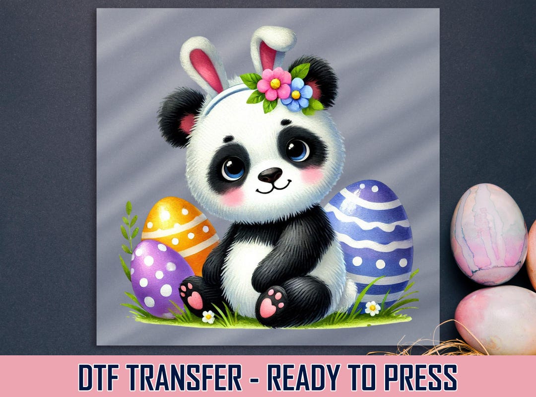 Easter Panda DTF Transfer, Cute Bunny Ears and Colorful Eggs Design ...