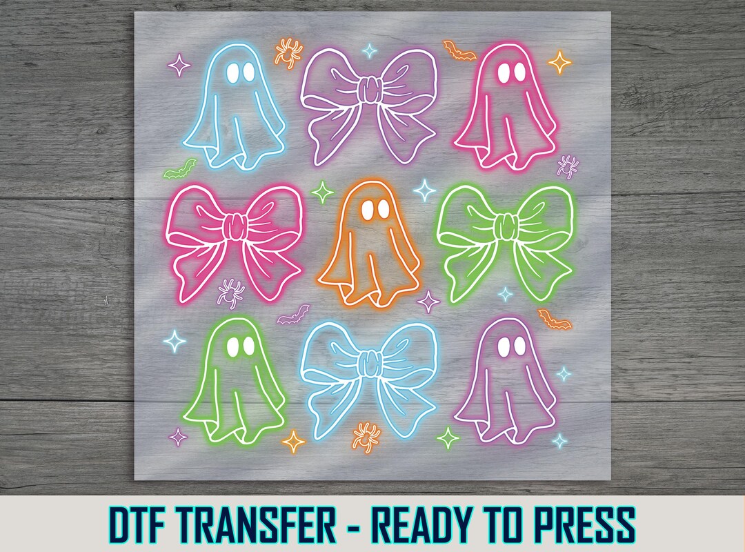 Neon Ghosts and Bows DTF Transfer, Colorful Halloween Ghosts With Bows ...
