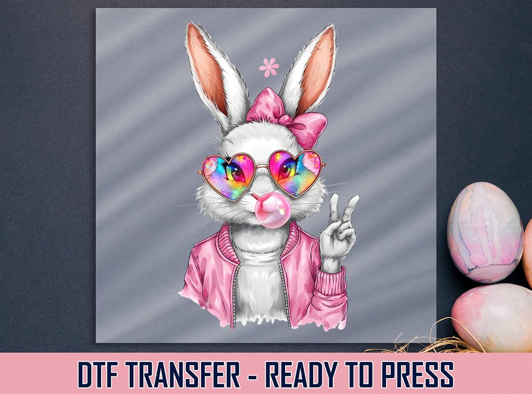 Cool Bunny DTF Transfer, Heart Glasses and Pink Jacket Design, Ready to ...
